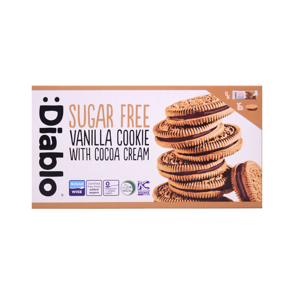 DIABLO BISCUIT SUGAR FREE VANILLA COOKIE WITH COCOA CREAM 17 – Al-Fatah