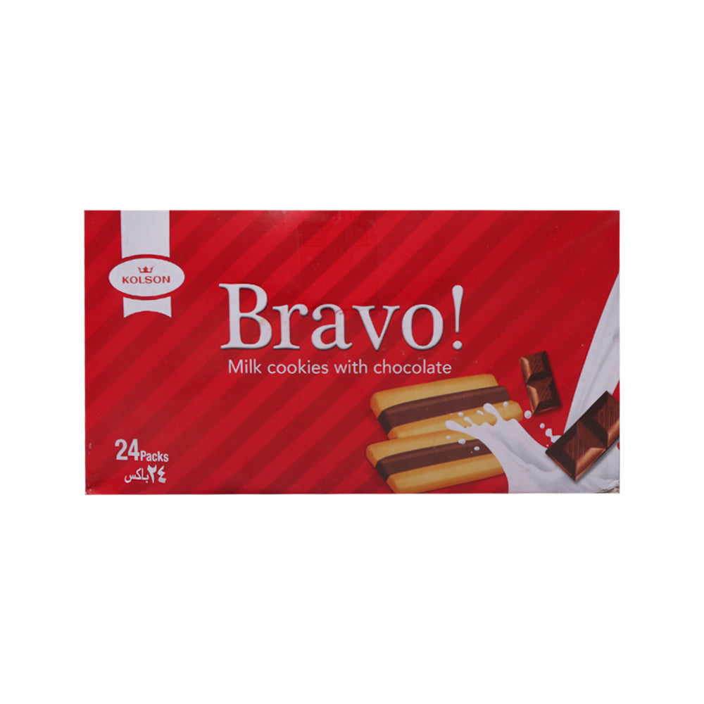 KOLSON BRAVO MILK COOKIES WITH CHOCOLATE 10.88 GM TP BOX 24P – Al-Fatah