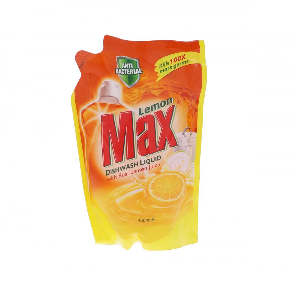 LEMON MAX DISHWASH LIQUID ANTIBACTERIAL POUCH 450 ML – Al-Fatah