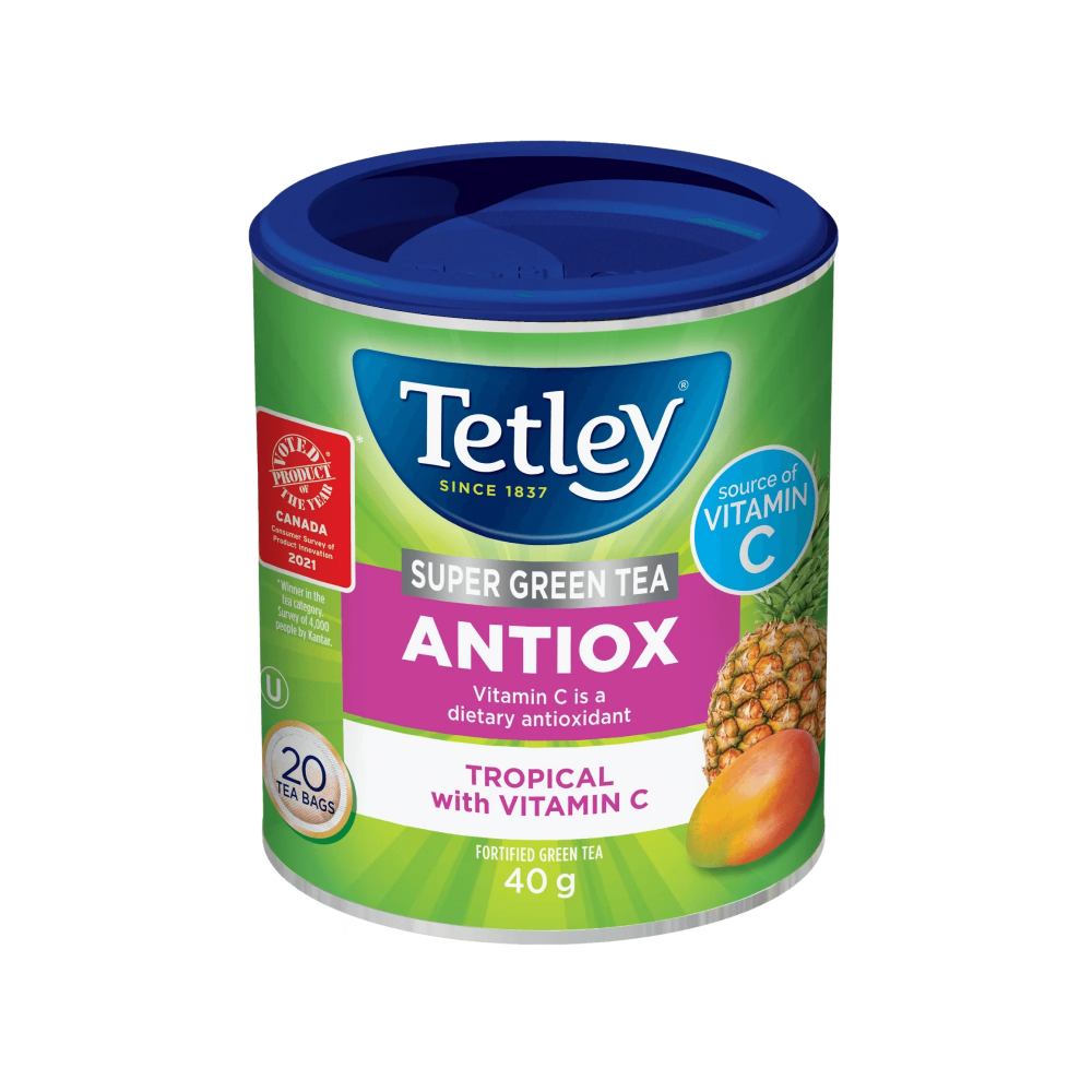 TETLEY SUPER GREEN TEA ANTIOX TROPICAL VITAMIN C 40 GM – Al-Fatah